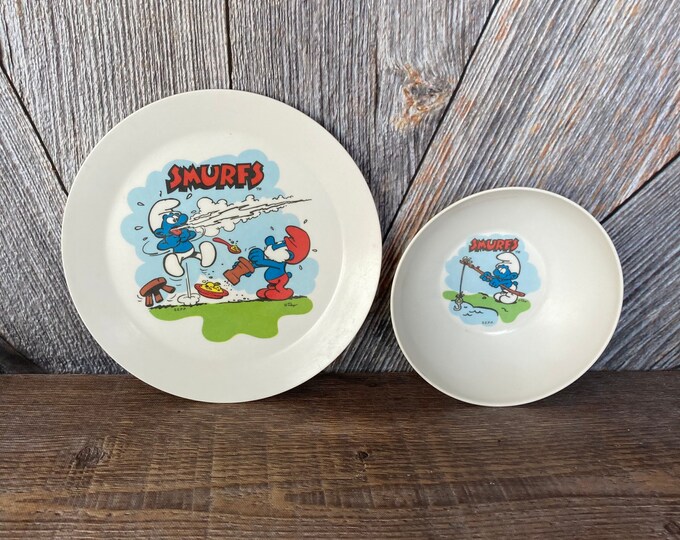 Vintage Smurfs Plate, Bowl Set Melmac Plastic Dinnerware Deka {vintage ...