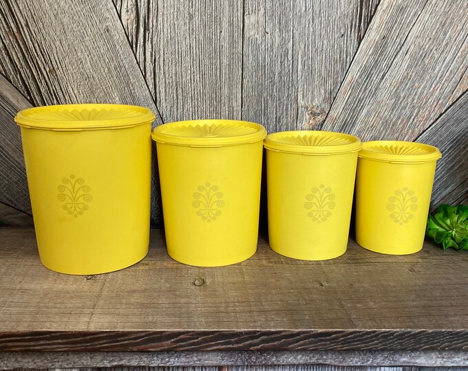 Vintage Tupperware Canister Set plastic Round Yellow Set Nesting 4 ...