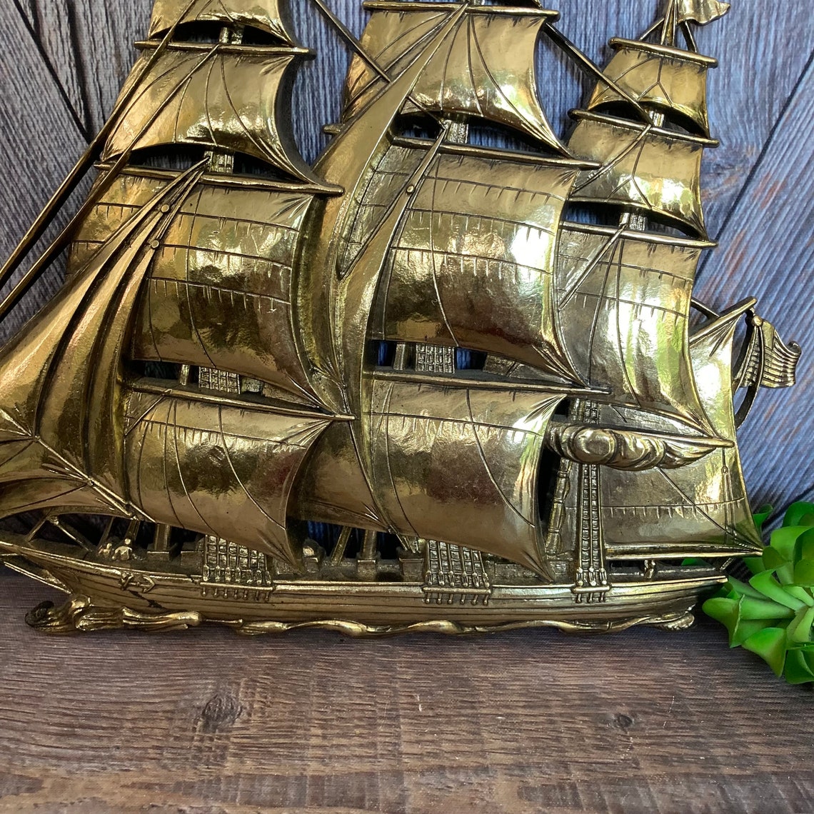 Gold Ship Plastic Clipper Ship Vintage Decor Nautical Wall Hanging Boat ...