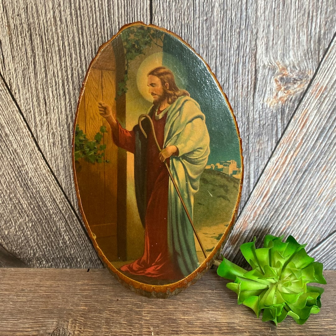 Vintage Jesus Picture Print on Wood Tree Bark Jesus Knocking Nursery ...