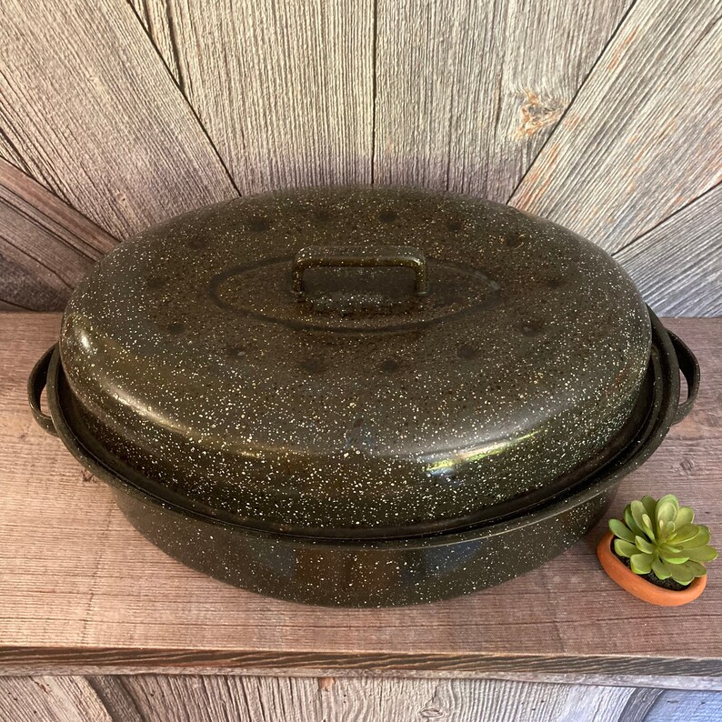 Vintage Enamel Roaster Roasting Pan Rooster Roaster Chicken Roaster ...
