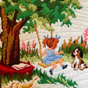 Vintage Tree Swing Crewel Cross Stitch Embroidery {handmade Yarn Art Little Girl Dog Tapestry ...