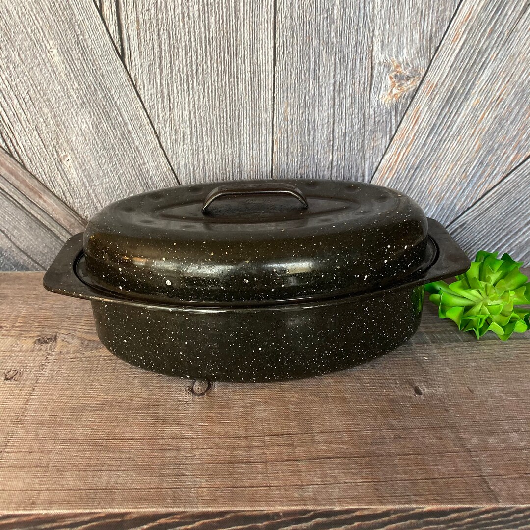Vintage Enamel Roaster Roasting Pan Rooster Roaster Chicken Roaster ...