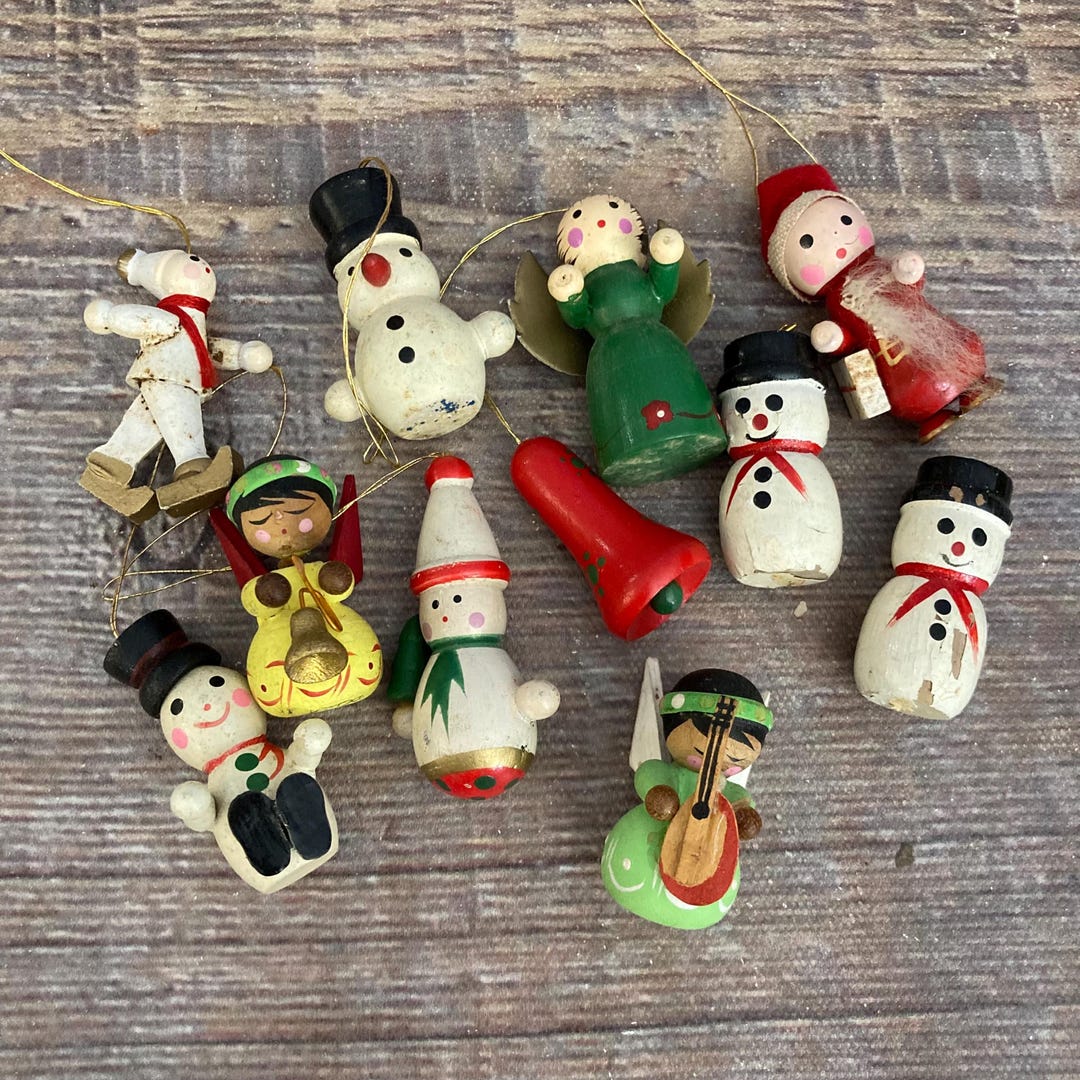 11 Vintage Wooden Christmas Ornaments Cute Santa Snowman Christmas ...