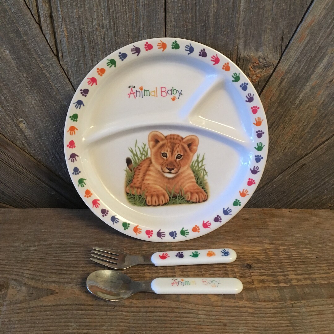 Vintage Wild Animal Baby Plate, Fork Spoon Set Dinnerware Melamine ...
