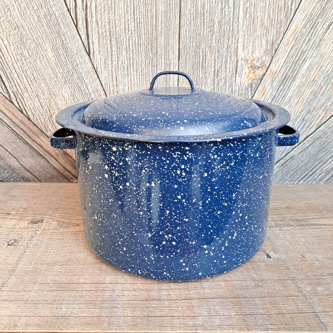 Vintage Blue Enamel Pot 10 X 6 Inch Bowl With Lid for Canning, Cooking ...