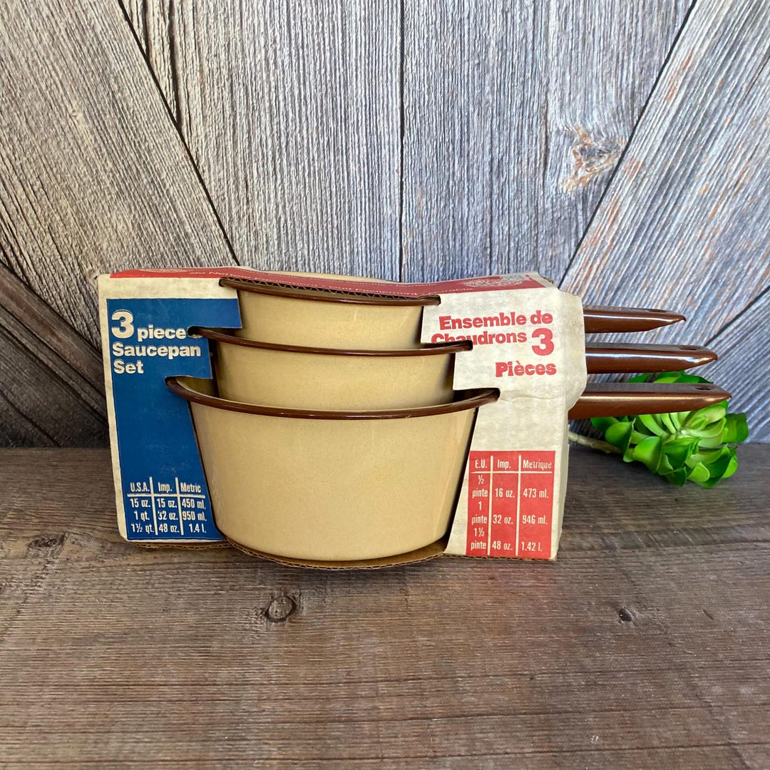 3 Vintage Enamel Pot Pan Set 7 Inch Pot Bowl W/ Handle Enamelware Basin ...