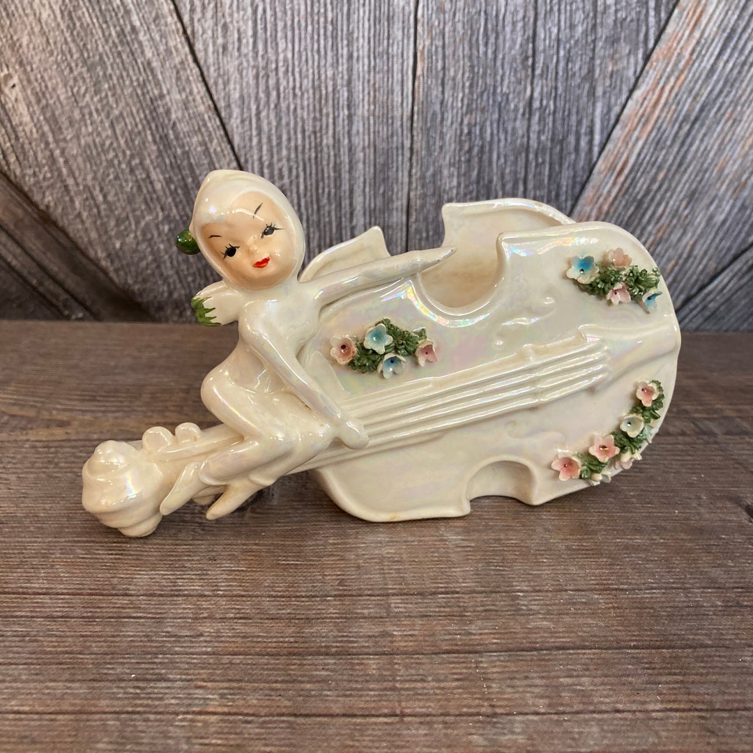 Vintage Lefton Violin Cello Planter Angel Pixie Fairy Ceramic Christmas ...