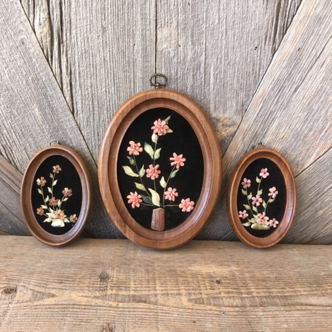 3 Vintage Flower Rock Art Mosaic Art Floral Flowers Pebble Gravel Bead ...