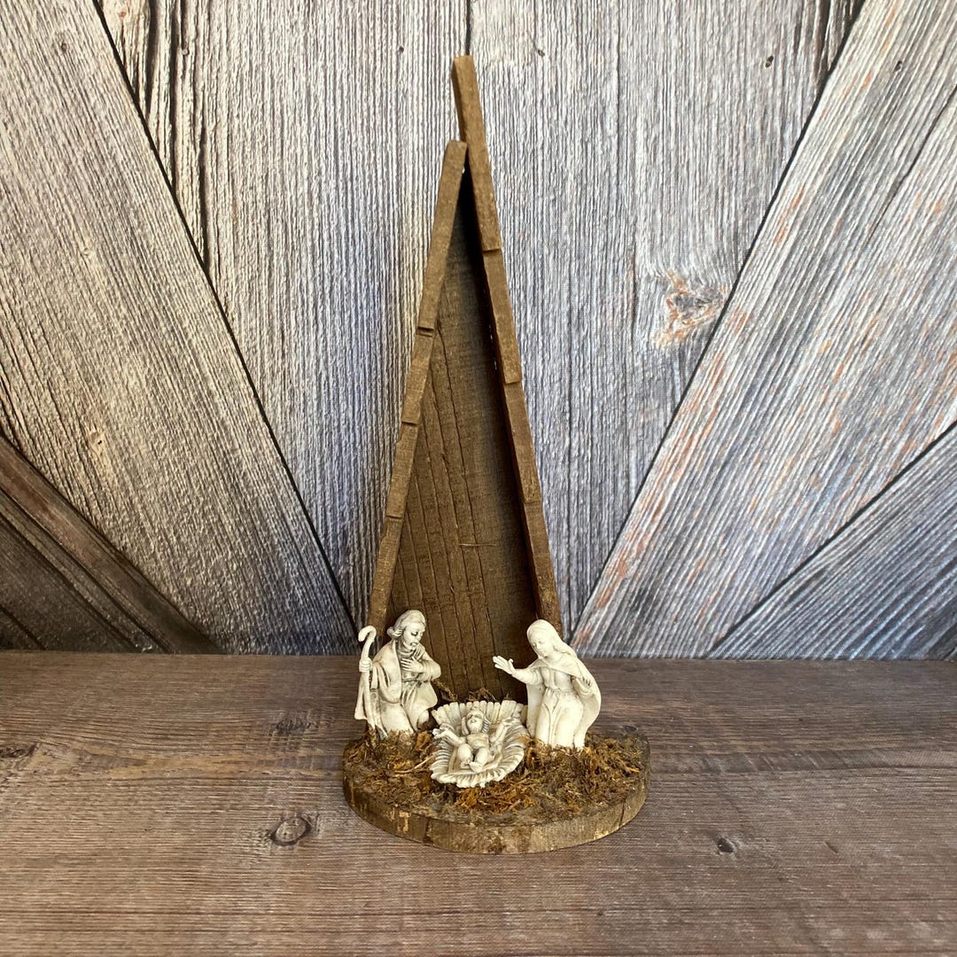 Vintage Christmas Nativity 3 Figure Set Nativity Scene Wooden Stable ...