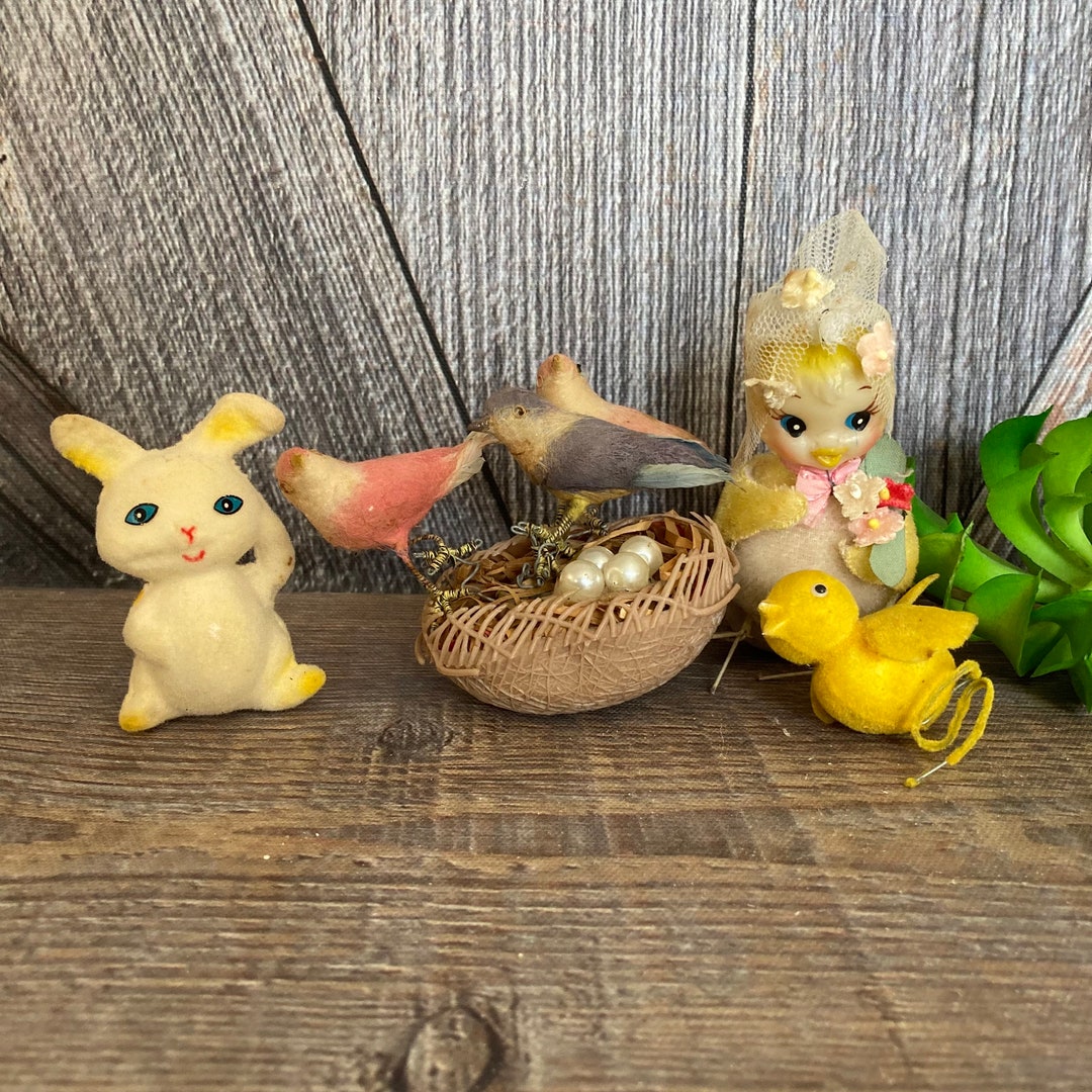 Vintage Flocked Easter Decorations, Easter Bunny, Chick, Birds in Nest ...