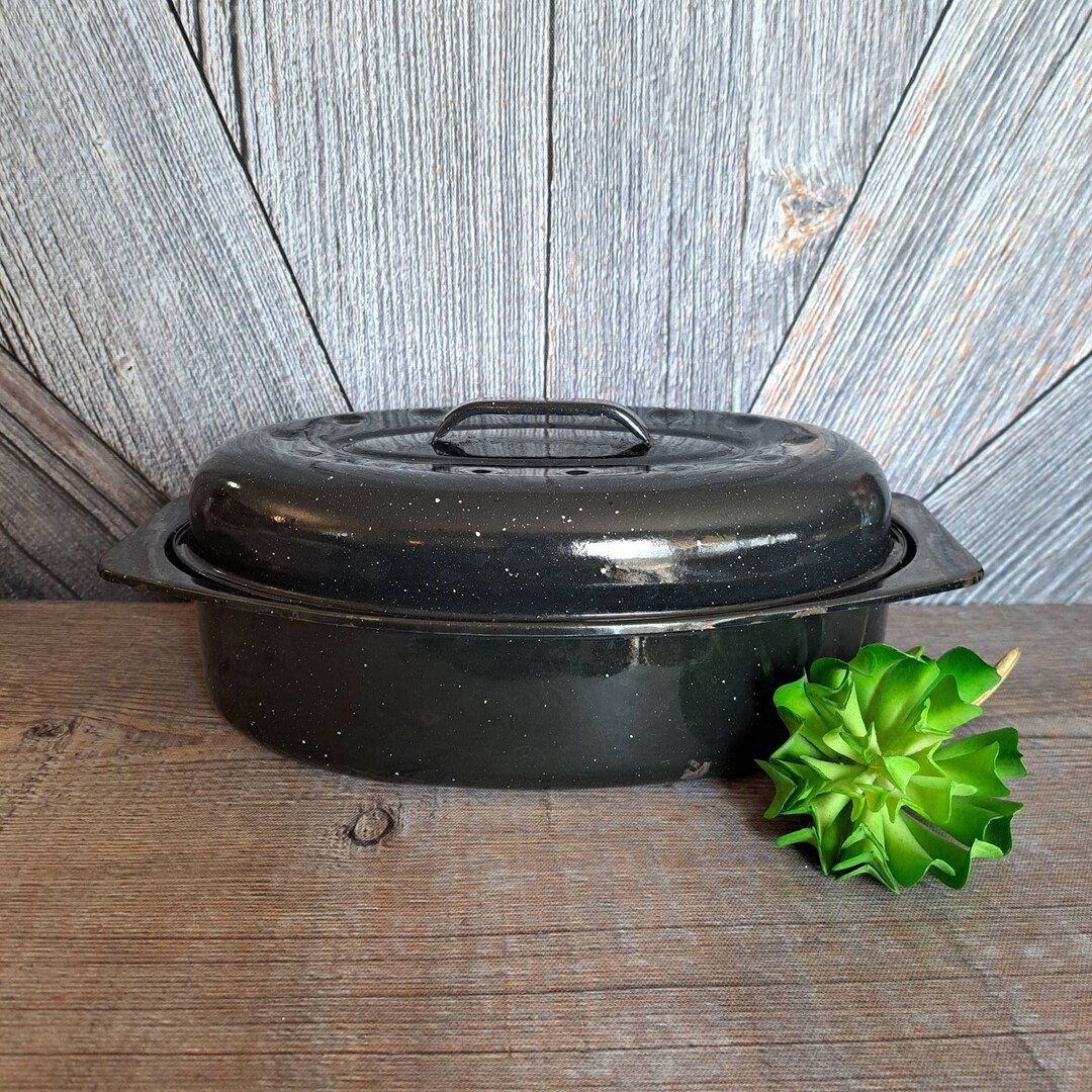 Vintage Enamel Roaster Roasting Pan Rooster Roaster Chicken Roaster ...