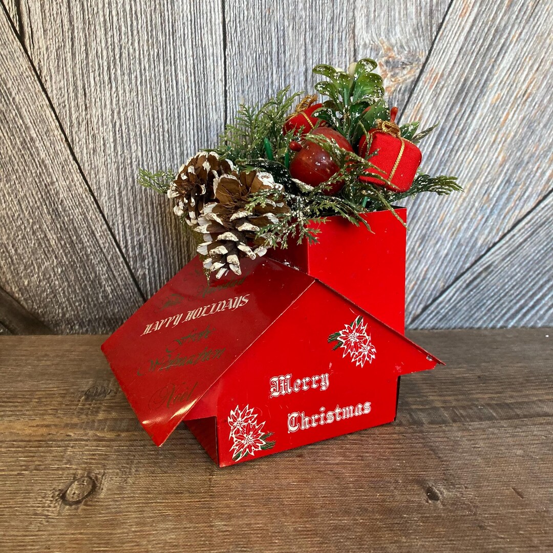 Vintage Metal Christmas House, Happy Holidays Plastic Christmas Floral ...