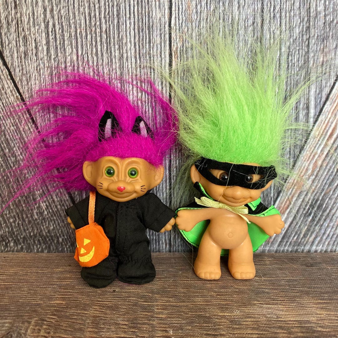 2 Vintage Halloween Troll Dolls {cat Trick-or-treat, Mask Cape Zorro ...