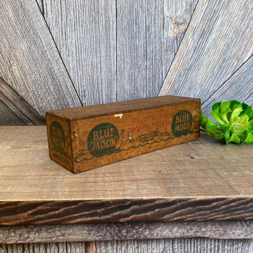 Vintage Blue Moon Wood Cheese Box, American Cheese 2 Lb, Thorp ...