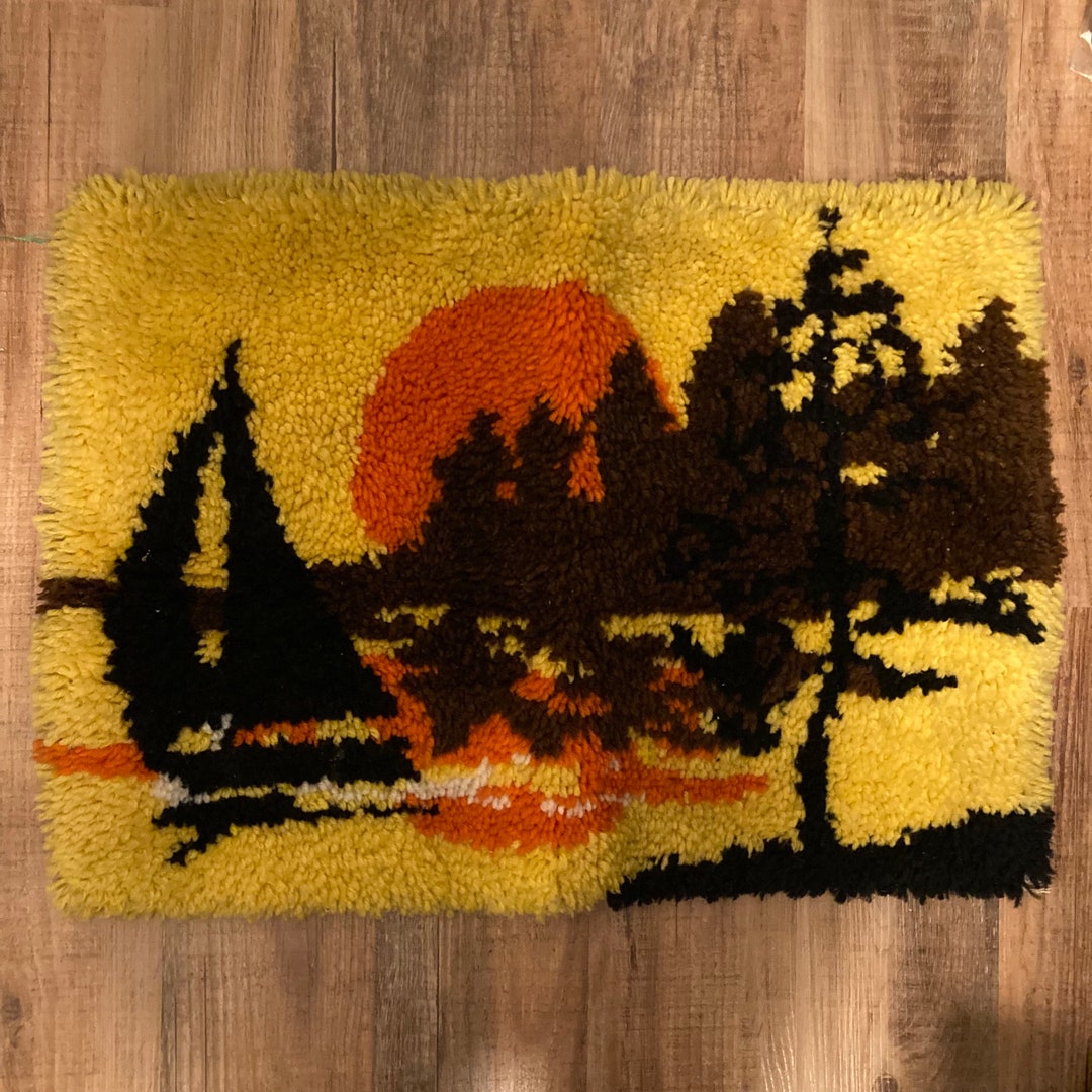 Vintage Sunset Latch Hook Rug Yarn Wall Hanging Orange Brown Decoration ...