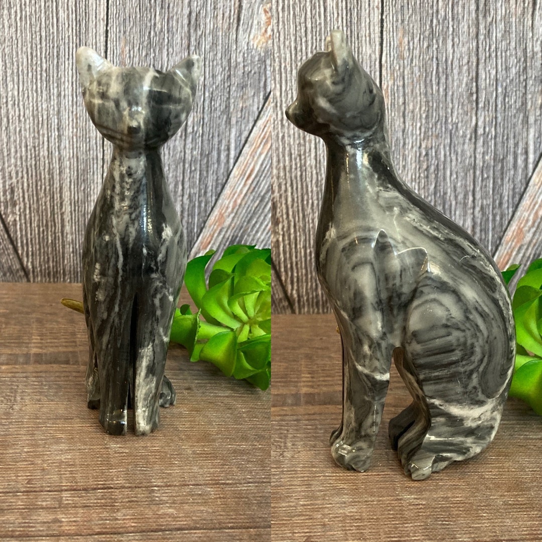 Vintage 1 Carved Stone Cat Figurine Gray Grey Onyx Stone Cat Artwork ...