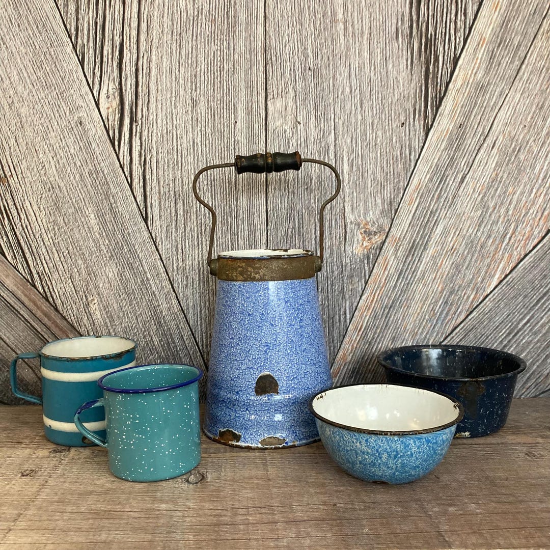 Vintage Blue Enamelware Lot, Rustic Enamel Pitcher, Mugs, Bowls ...