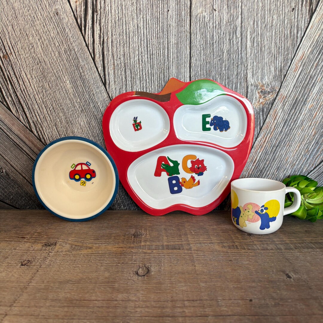 Vintage Alphabet Plate Bowl Cup Set Divided ABC Kids Bears Plastic ...