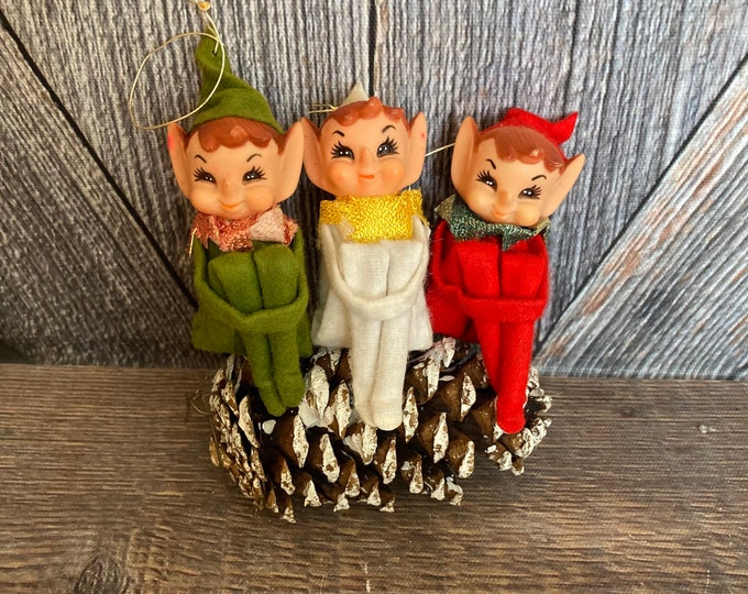 3 Vintage Christmas Elves Ornaments {pixie Elf Elves Japan Rubber Face ...