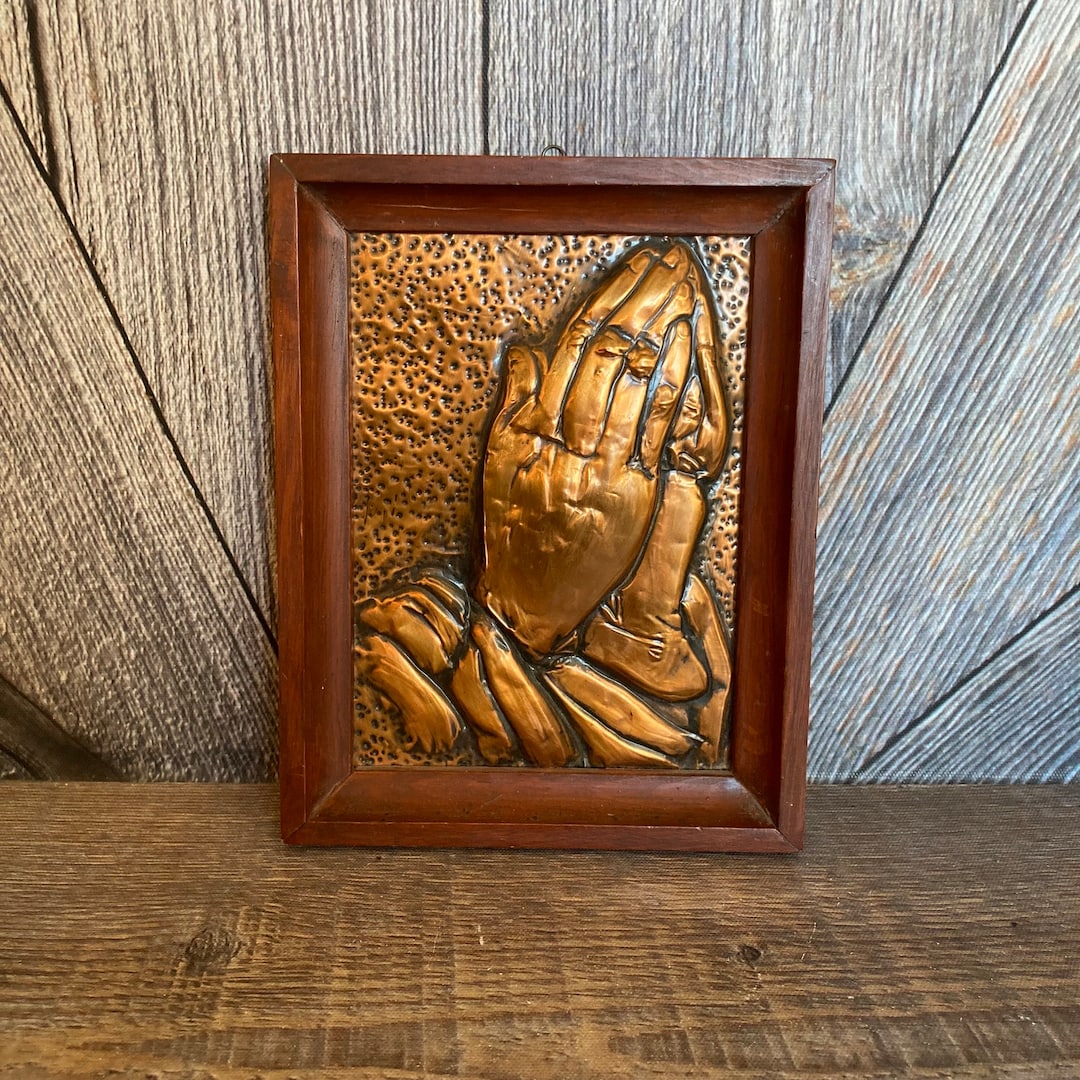 Vintage Praying Hands Picture Embossed Metal Copper Jesus Wall Hanging ...
