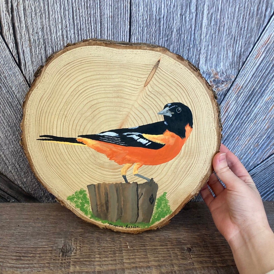 Vintage Oriole Painting on Wood Disc Wooden Cut Tree Plank Wooden Slice ...