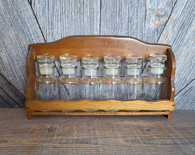 Vintage Wooden Spice Rack With Glass Jars Complete {vintage MCM Hanging ...
