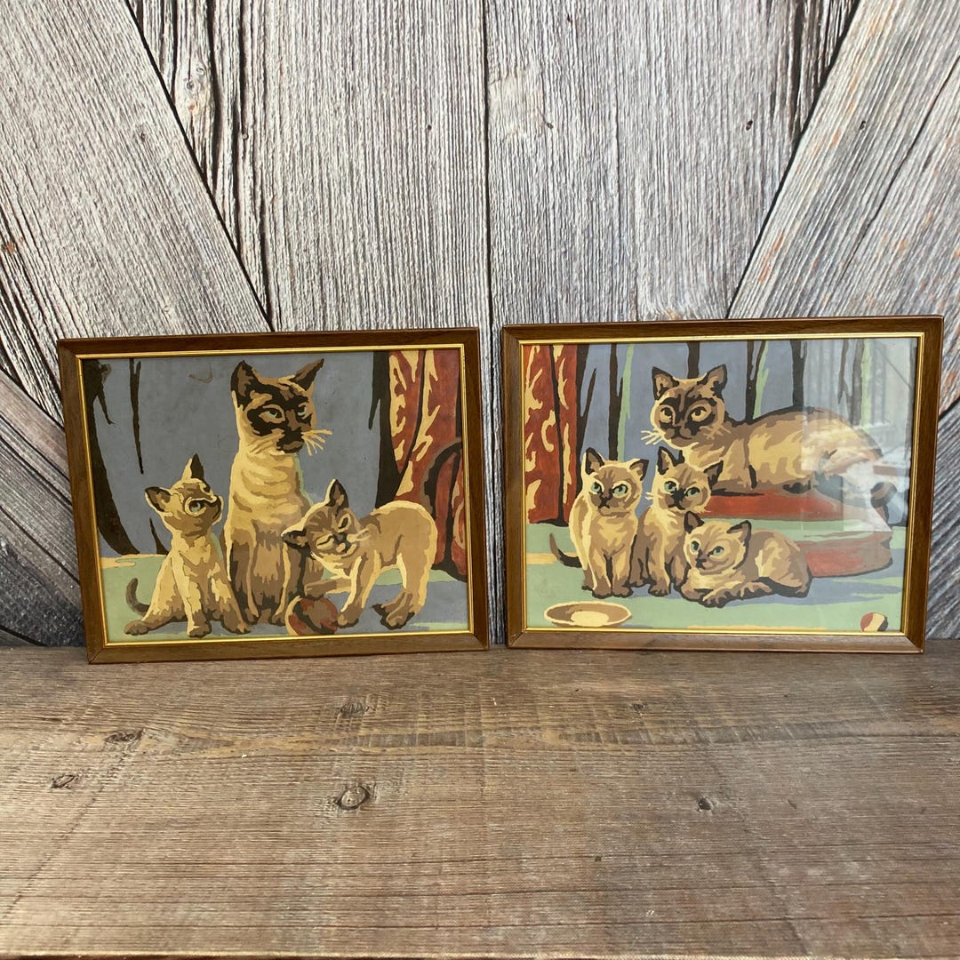 2 Vintage Cat Paintings siamese Cat Paint by Number Textured Painting ...
