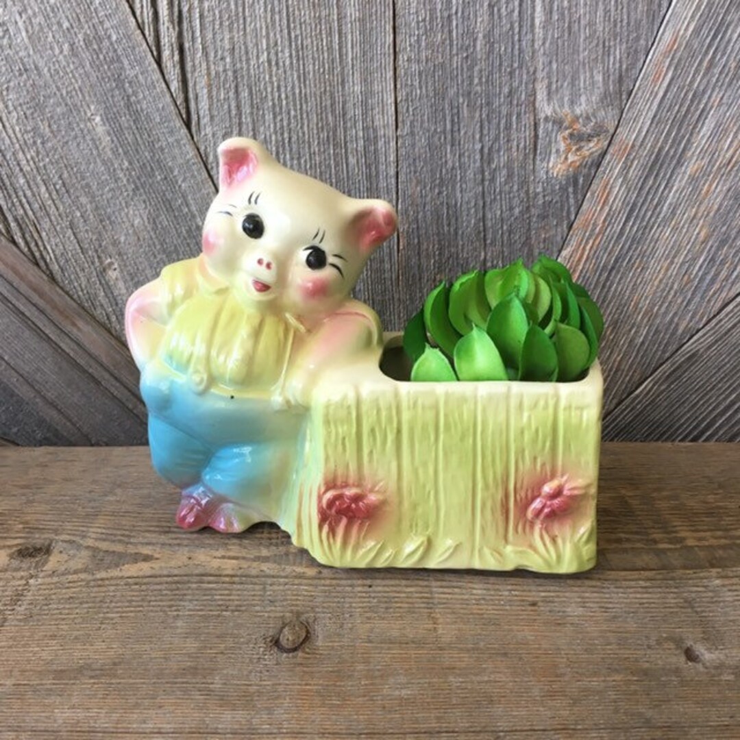 Vintage Ceramic Pig Planter cute Ceramic Farmer Pig Colorful - Etsy