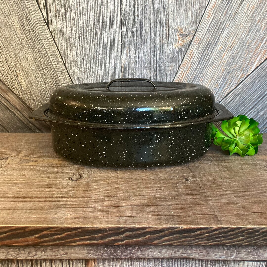 Vintage Enamel Roaster Roasting Pan Rooster Roaster Chicken Roaster ...