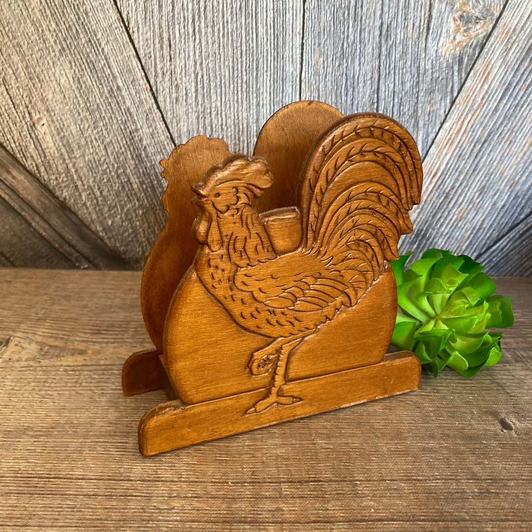 Vintage Wooden Chicken Napkin Holder Rooster Neutral Brown Farmhouse ...