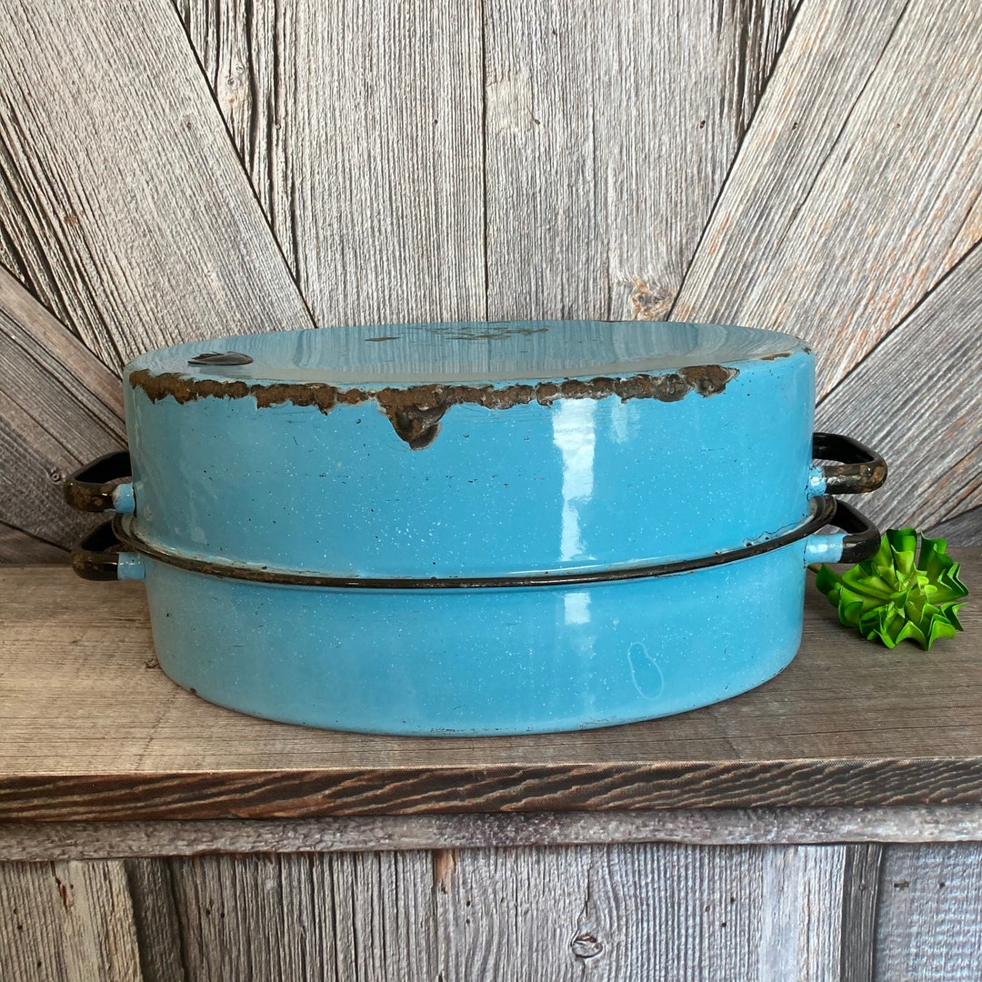 Vintage Blue Enamel Roaster Roasting Pan Rooster Roaster Chicken ...