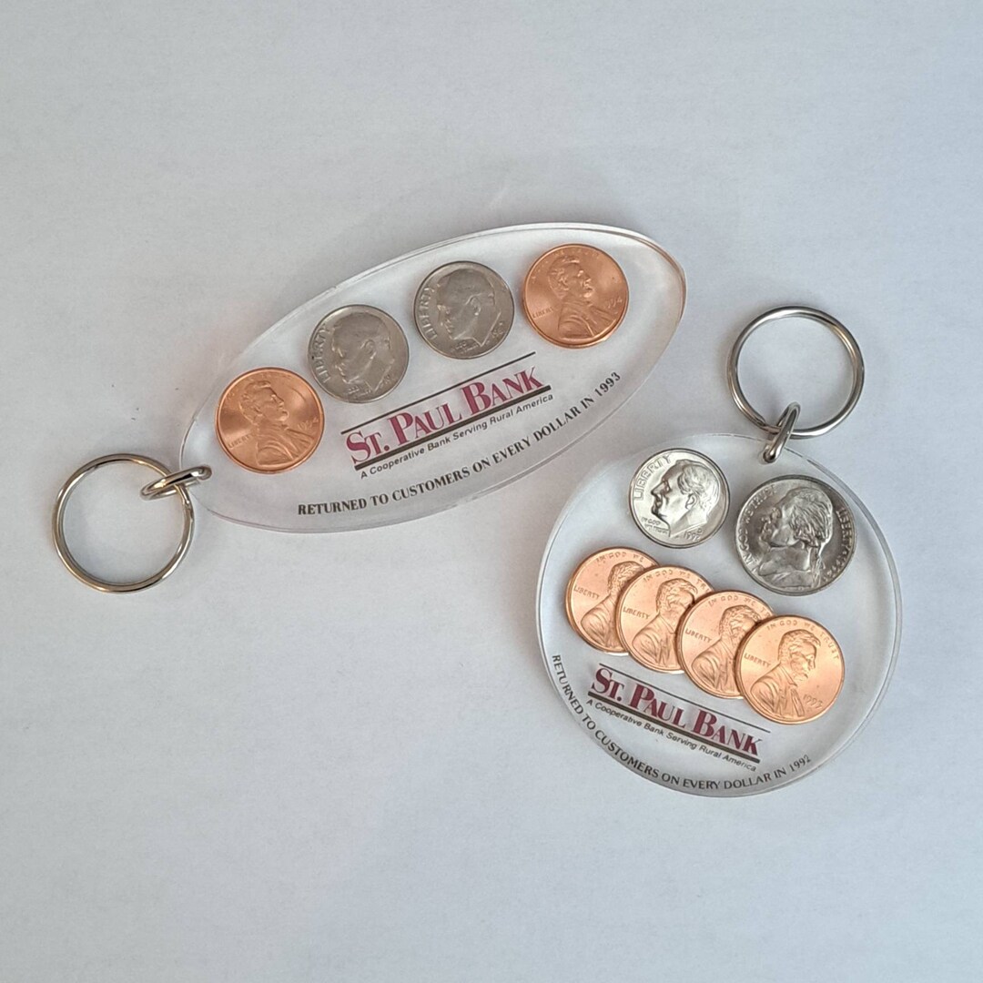 Vintage St. Paul Bank for Cooperatives Pair of Key Chains With Coins ...