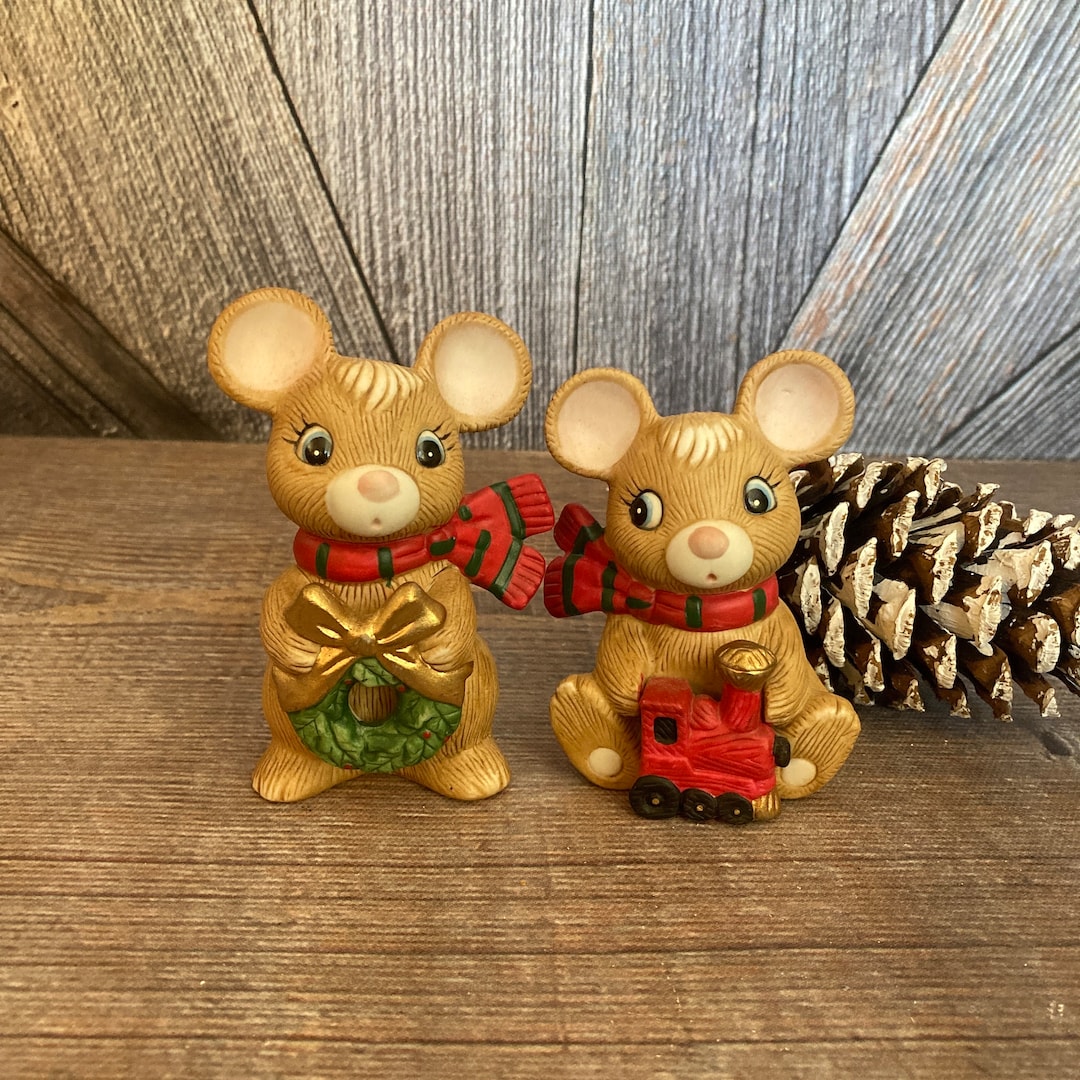2 Vintage Christmas Mice Ceramic Dressed in Santa Outfit Holiday Mouse ...