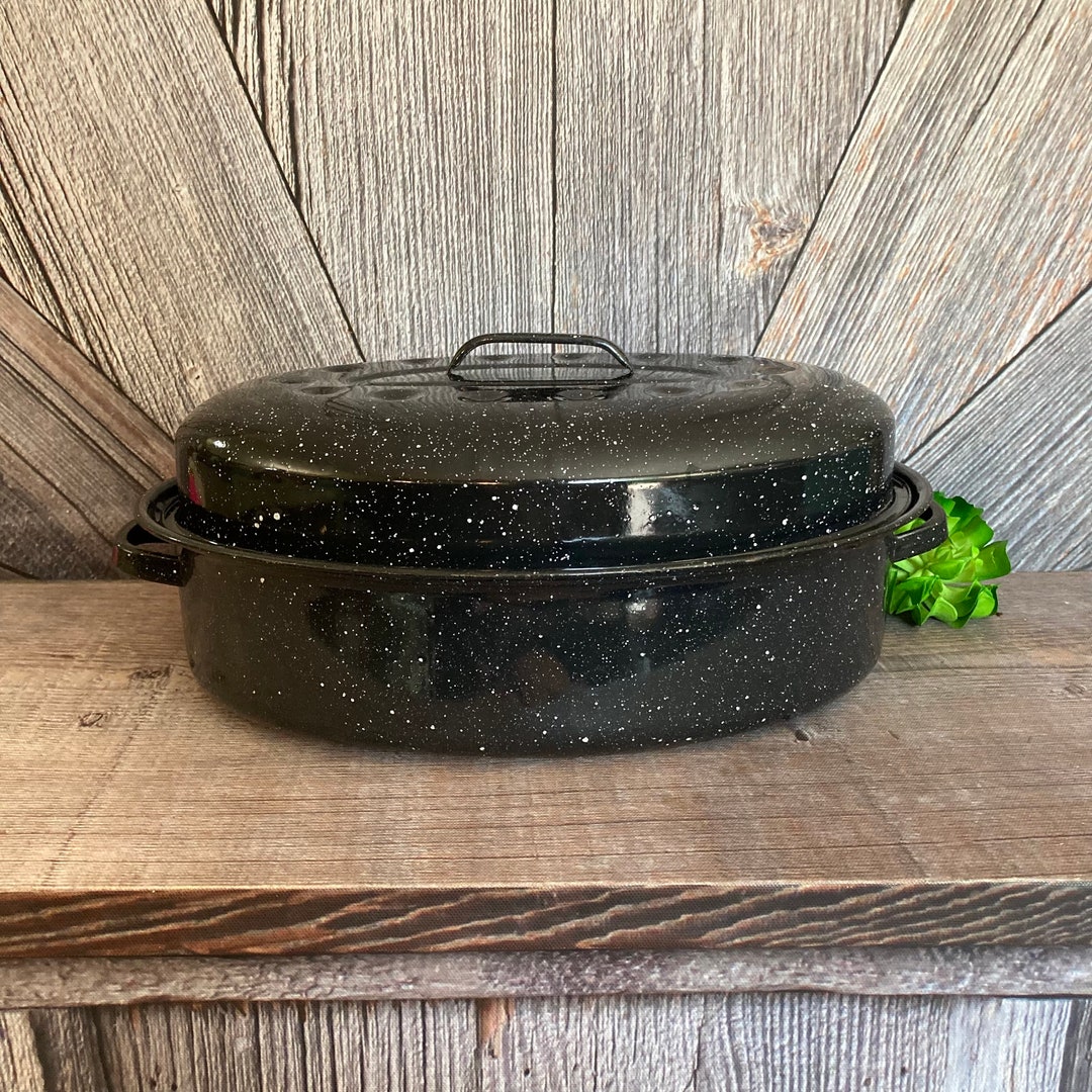 Vintage Enamel Roaster Roasting Pan Rooster Roaster Chicken Roaster Basin Bowl W/ Lid Enamelware ...