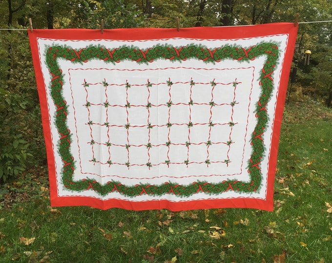 Vintage Christmas Tablecloth {holly Leaves} Features Red Christmas Bows ...