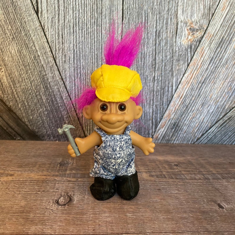 Vintage Construction Worker Troll pink Hair Russ Berrie - Etsy