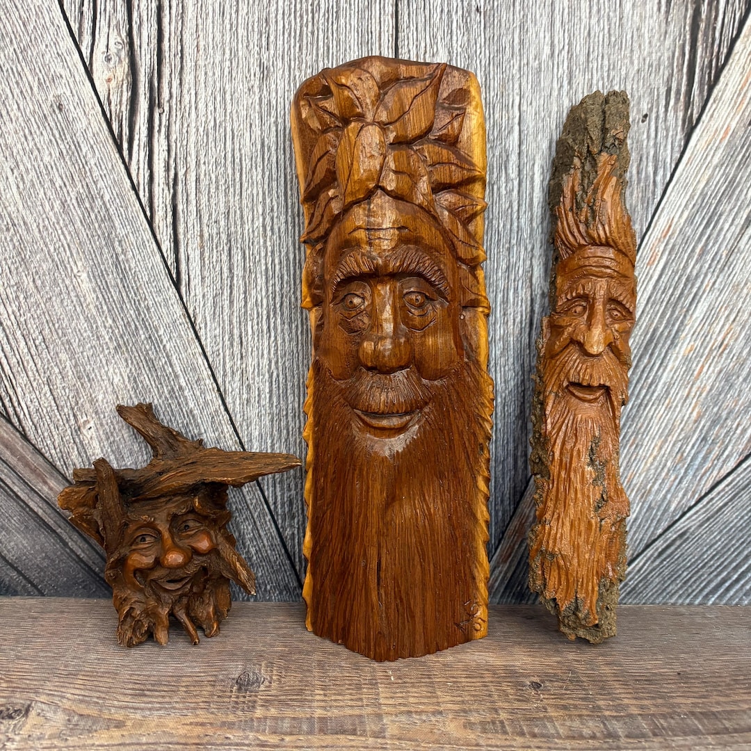 Vintage Wooden Carved Face, Old Man Face Carved Into Wood, Tree Bark ...
