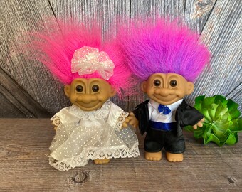 Vintage Russ Troll Dolls, Bride and Groom, Wedding Trolls, Pink Hair ...