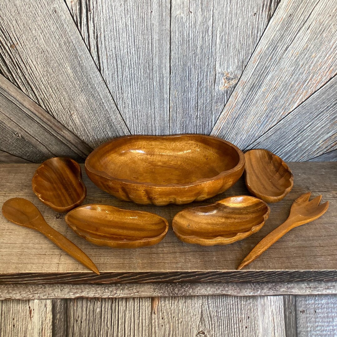 Vintage Monkey Pod Wood Salad Bowl Set 5 Bowls Salad Fork Set Genuine ...