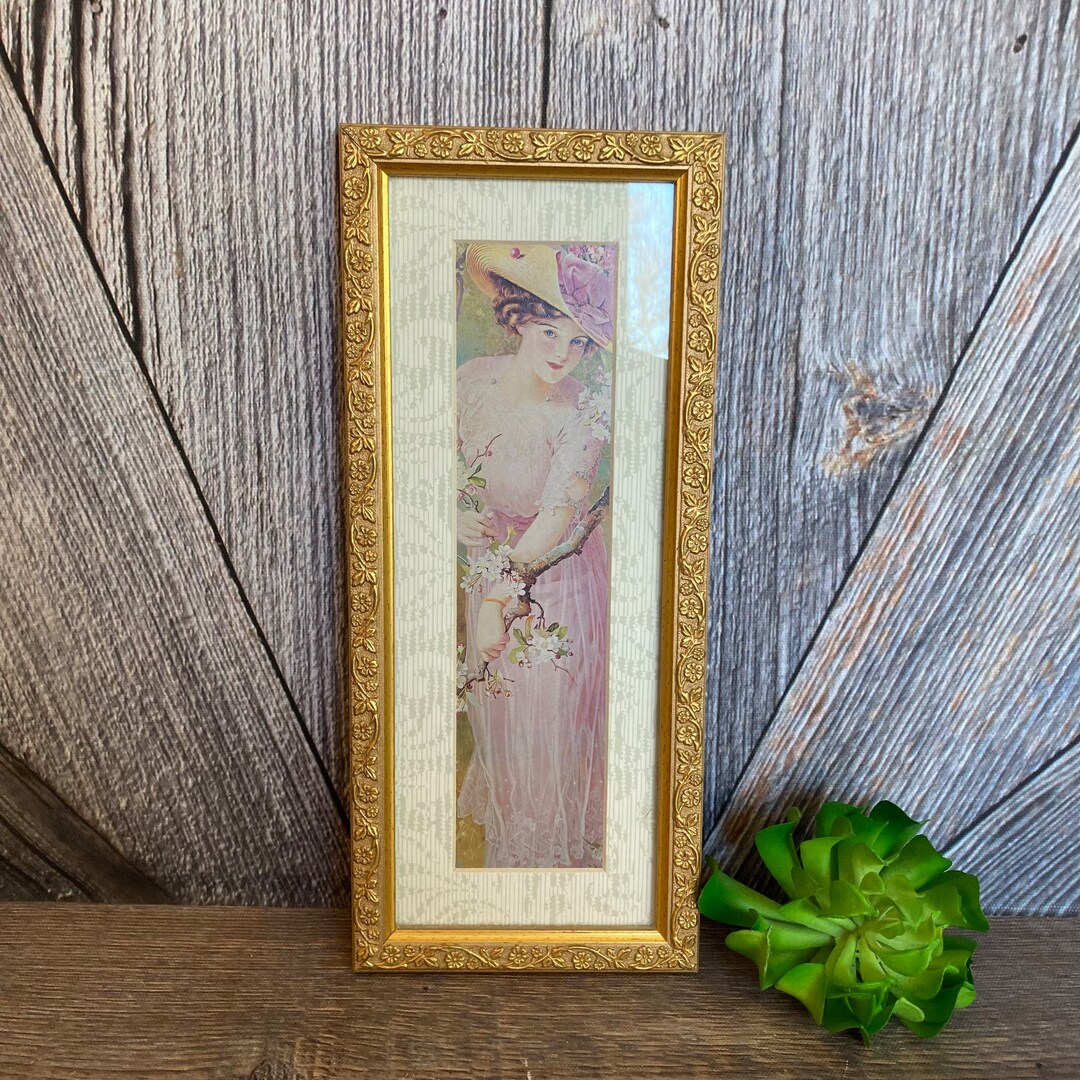 Vintage Victorian Girl Print Hollywood Regency Gold Frame Art Deco Lady ...