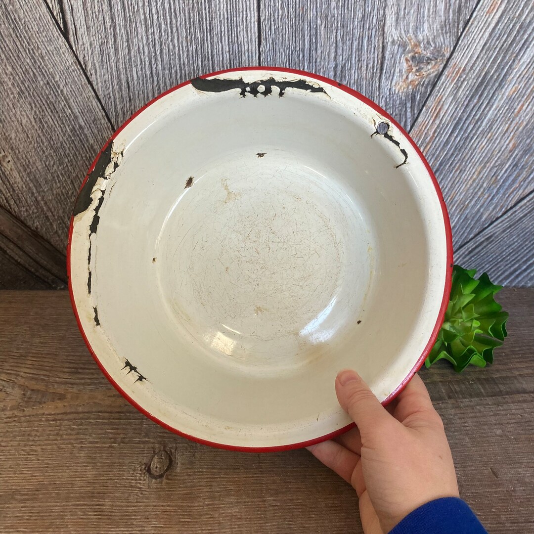 Vintage Enamel Small 9 Inch Bowl {enamelware Basin Indoor Garden} Herb ...