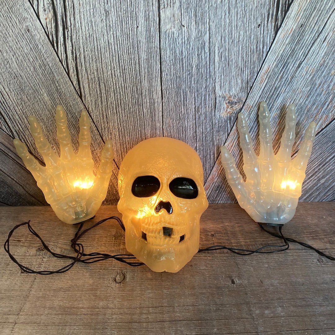 Vintage Light up Skull With Hands Halloween Blow Mold Light Skull ...