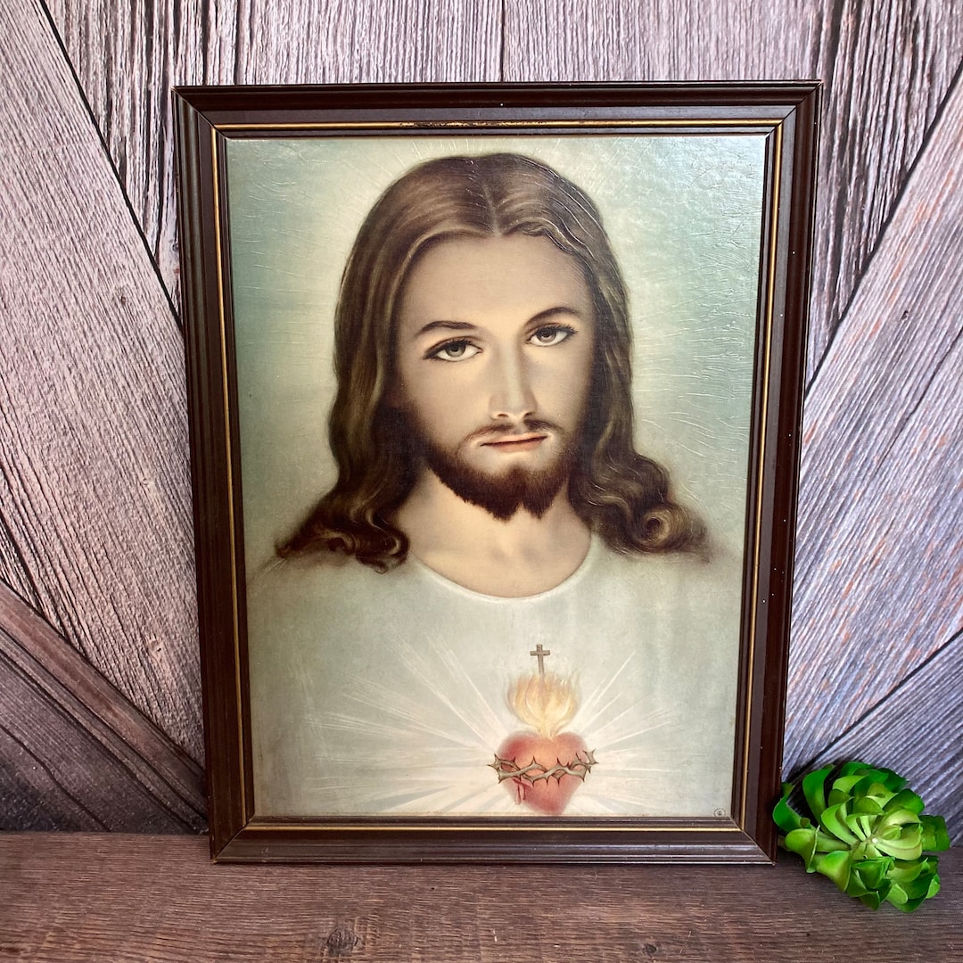 Vintage Jesus Print Sacred Heart, Jesus Print Lithograph Nursery Decor ...