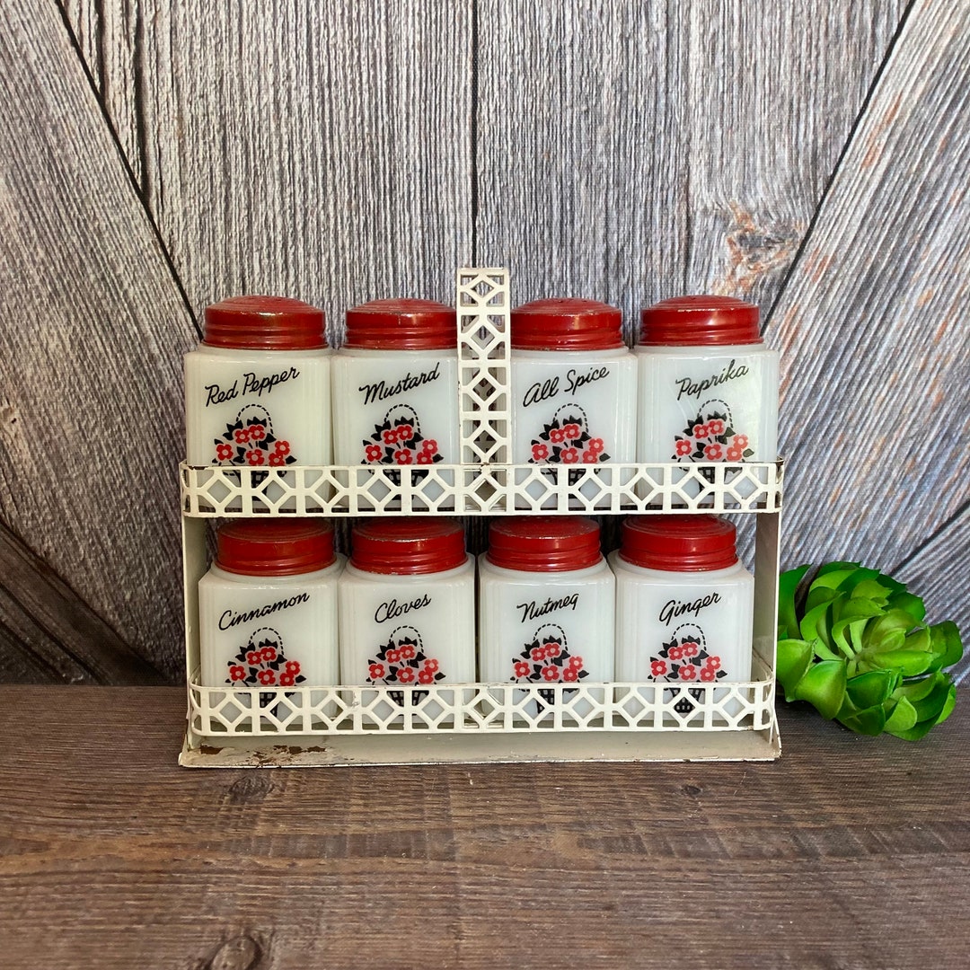 Vintage Tipp City Spice Rack Red Milk Glass Jars Complete 8 Jars and Tilt Rack Vintage Spice ...