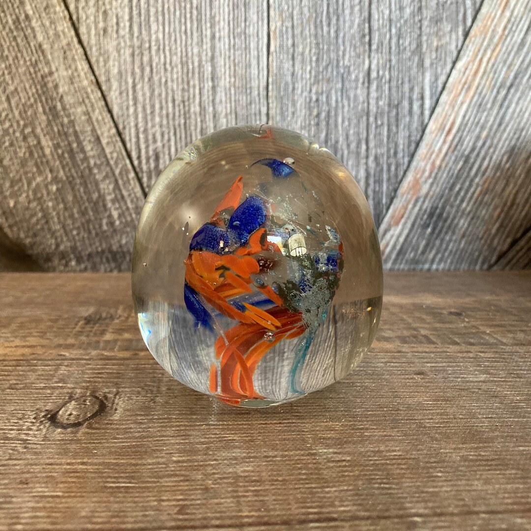 Glass Paperweight Vintage Blue Flower Intricate Handmade Round Paper ...