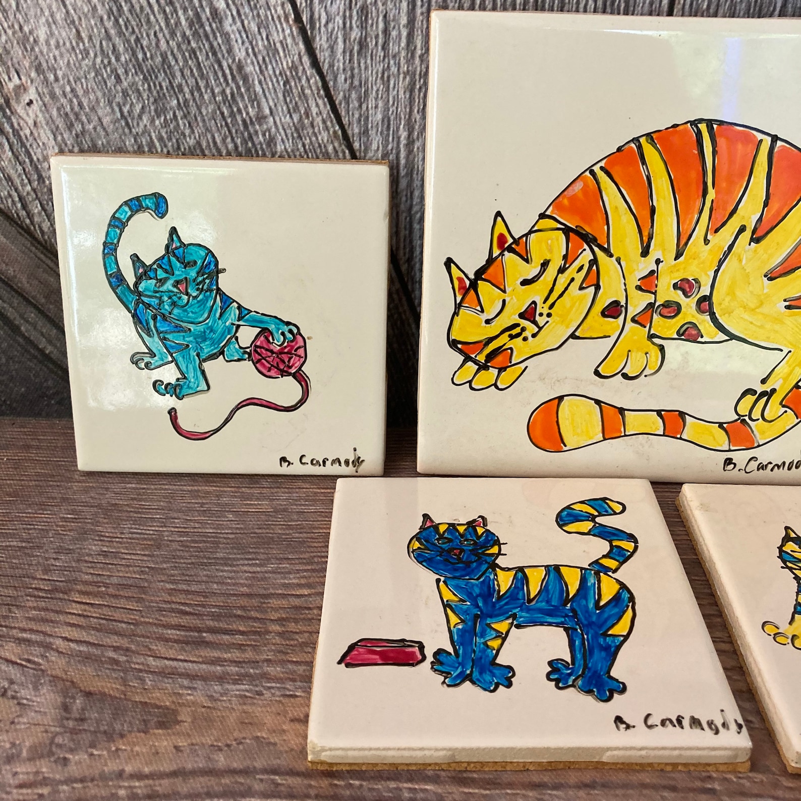 Vintage Painted Cat Tiles Ceramic B Carmody Hand Painted Crazy - Etsy