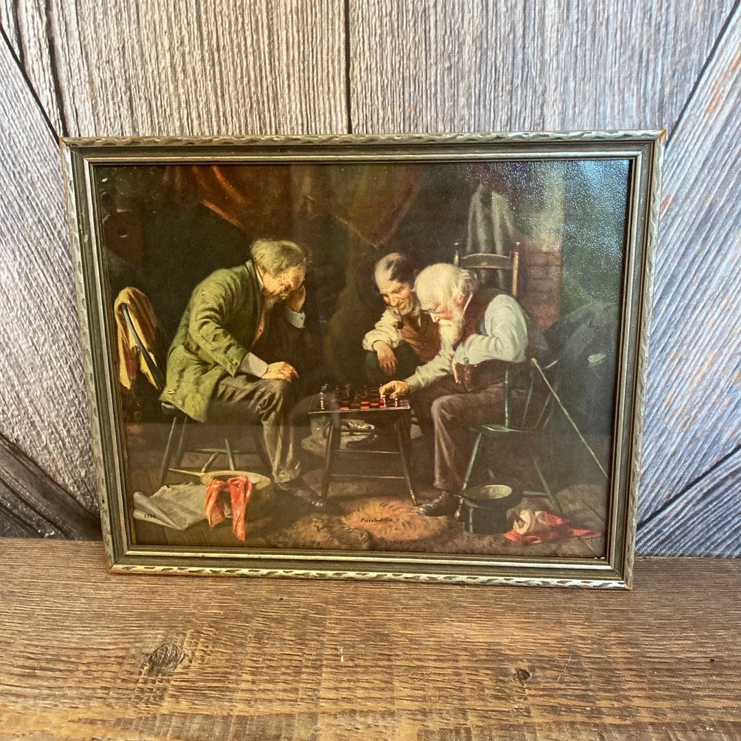 Vintage Puzzled Print, Painting of Old Men Playing Chess, 1794, Made in ...