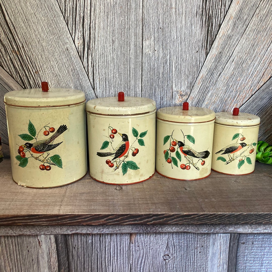 Vintage Canister Set bird Robin Metal Canister Set of 4 Vintage Kitchen ...
