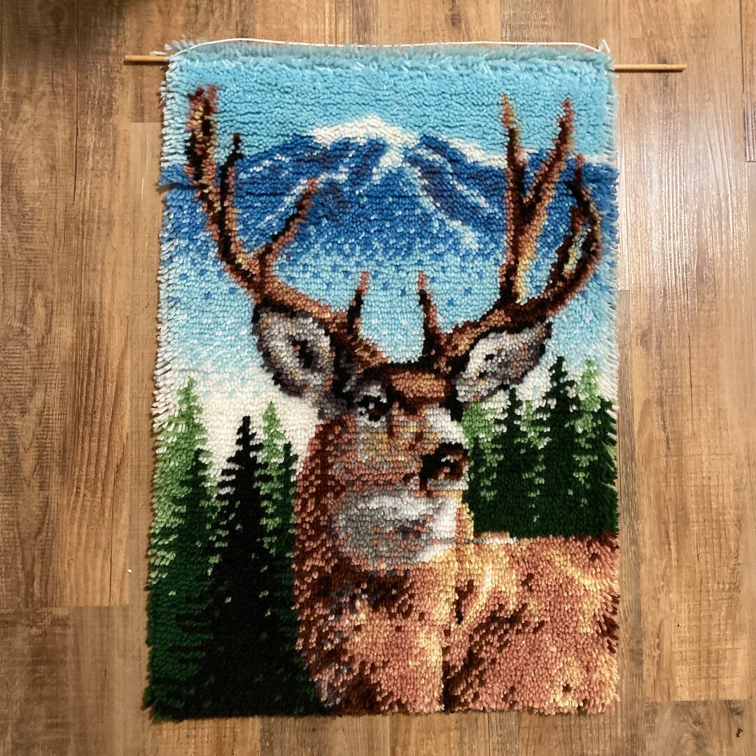 Vintage Deer Latch Hook Rug Yarn Wall Hanging Cabin Hunting Handmade ...